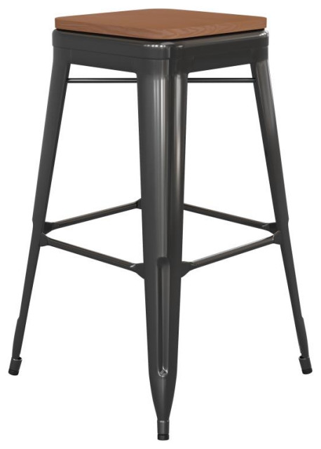 30" Black Stool, Teak Seat - Industrial - Outdoor Bar Stools And ...