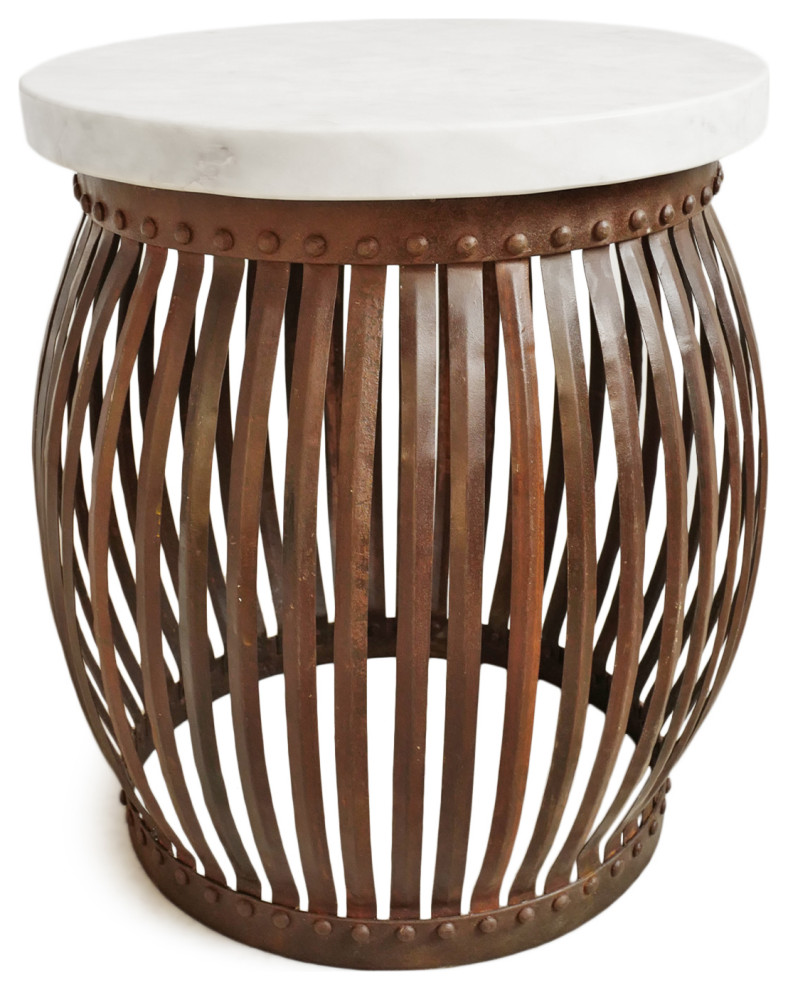 White Marble Iron Strap Barrel Side Table - Industrial - Side Tables ...