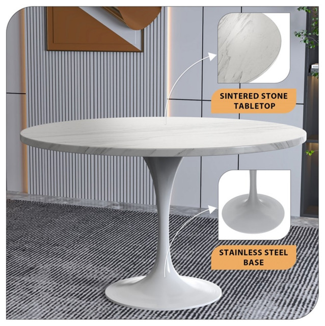 LeisureMod Verve Modern 48" Stone Dining Table in White Steel Base ...