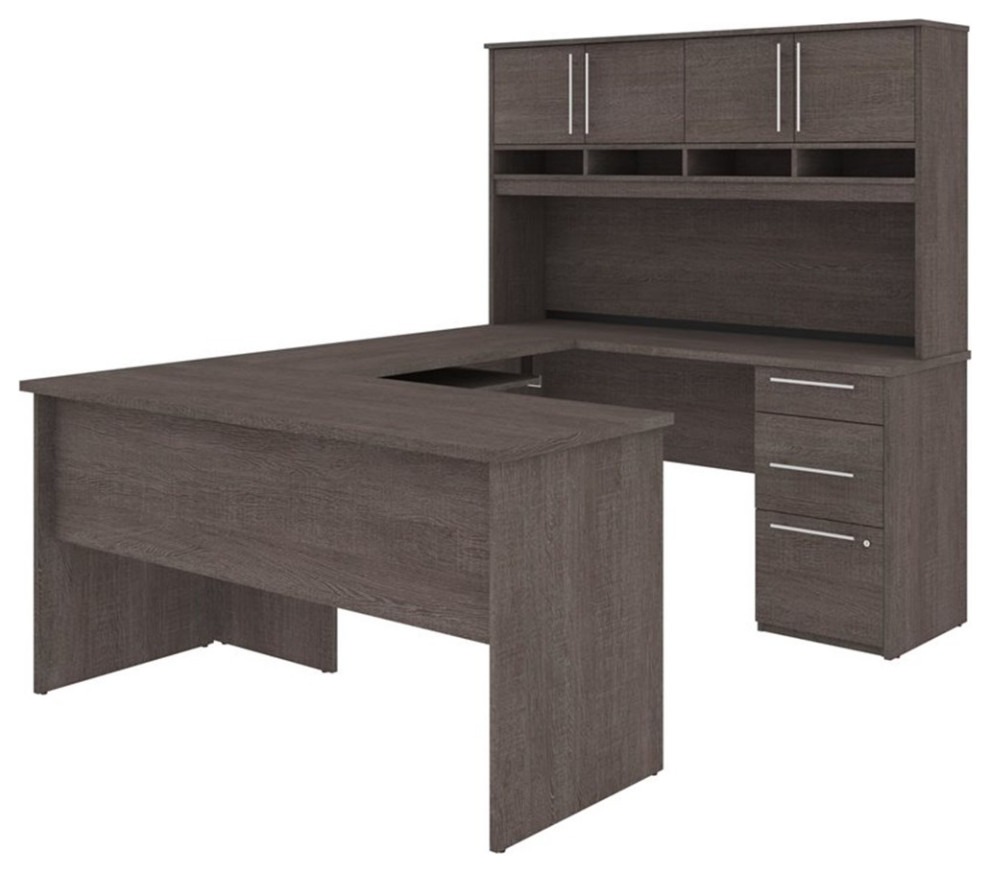 Pemberly Row Wooden Configurable Computer Desk with Hutch in Bark Gray ...