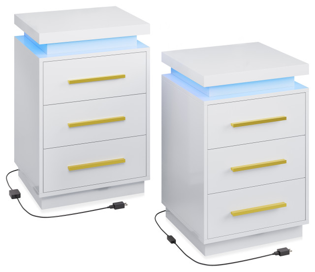 Set of 2 End Tables with RF Remote-Controlled LED Lights, Three Drawers ... Set of 2 End Tables with RF Remote-Controlled LED Lights, Three Drawers ...