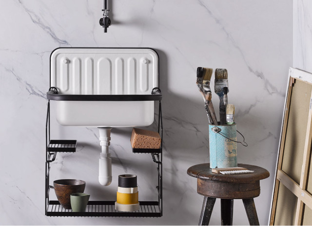 Wall Mounted Service / Utility Sink, White Glazed Steel, with Storage ...