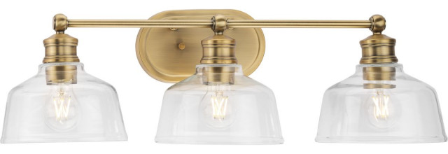 Singleton 3-Light 26.5" Vintage Brass Vanity Light, Clear Glass Shades ...
