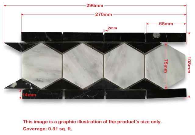 White Carrara Marble 3" Hexagon Mosaic Border Listello Tile Polished, 1 ...
