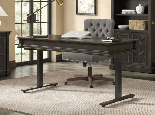 Traditional Wood Electronic Sit Stand Desk Dark Brown - Industrial ...