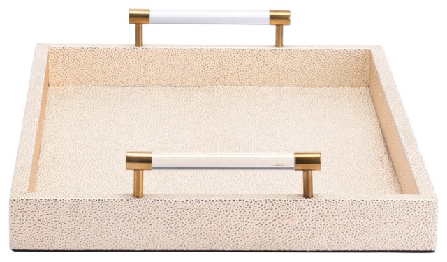 Modern Boxe Tray Decor, Set of 3, Cream, Faux Leather Acrylic Stainless ...