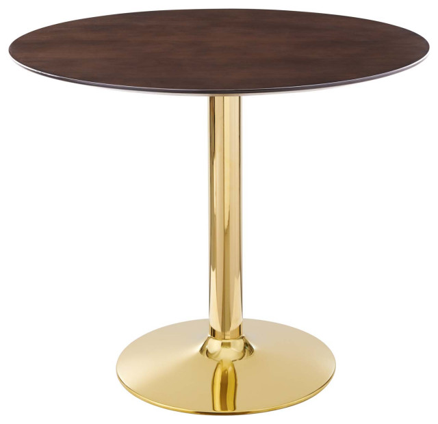 35" Dining Table, Round, Gold Walnut, Metal, Modern Cafe Bistro ...