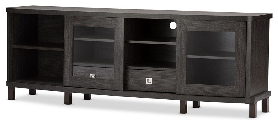 Dark Brown Wood TV Cabinet With 2 Sliding Doors and 2 Drawers ...