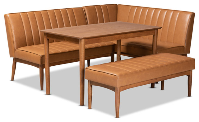 Tan Faux Leather Walnut Brown Finished Wood 4-Piece Dining Nook Set ...