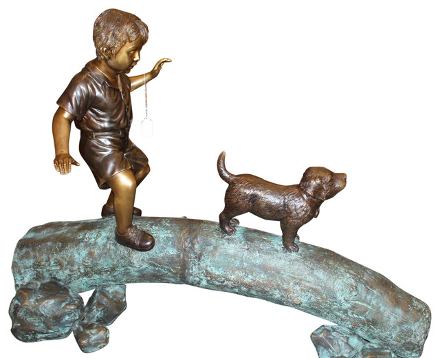 Kid with dog walking on a log Bronze Statue - Size: 57"L x 18"W x 41"H ...