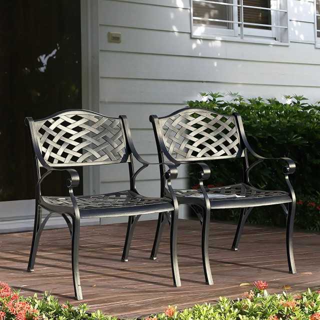 Set of 2 Patio Dining Chair, Curve Patterned Seat & Scrolled Arms ...