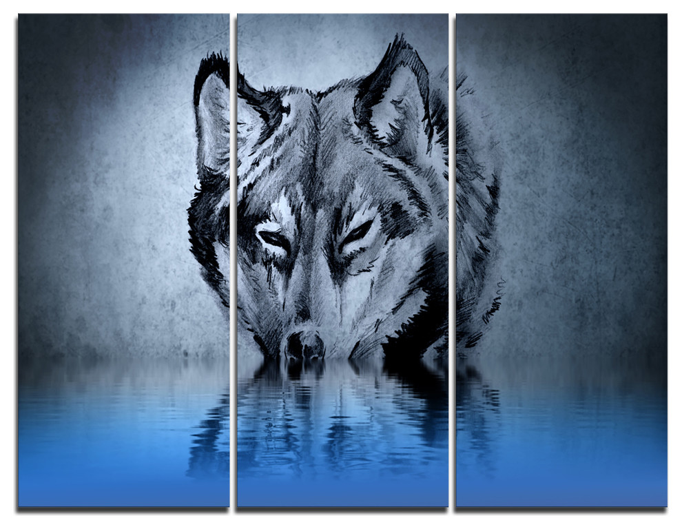 "Wolf Head With Water Reflections Tattoo" Digital Wall Art, 3 Panels ...