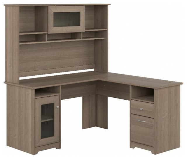 Pemberly Row 60W L Shaped Computer Desk with Hutch in Ash Gray ...