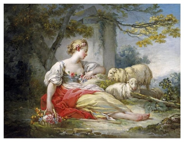 "Shepherdess Seated with Sheep and Basket of Flowers" Paper Art, 18"x14 ...