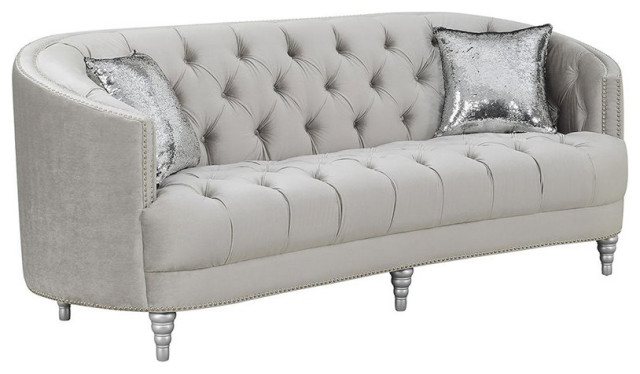 Coaster Avonlea Transitional Velvet Tufted Sloped Arm Sofa in Gray ...