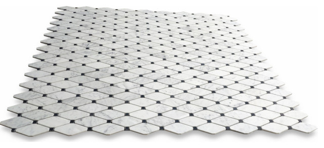 Carrara White Marble Long Octave Rhomboid Mosaic Tile Black Dots Honed ...