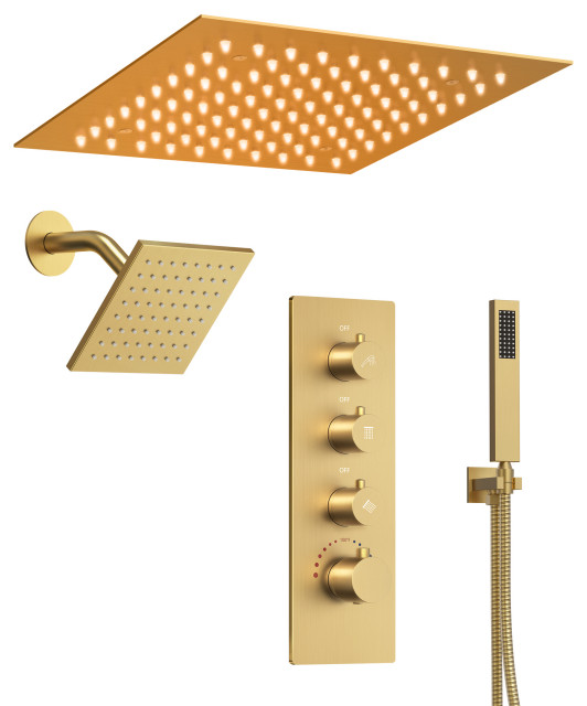 LED Dual Heads 12" Rain Shower System With Thermostatic 4-Way Faucet ...