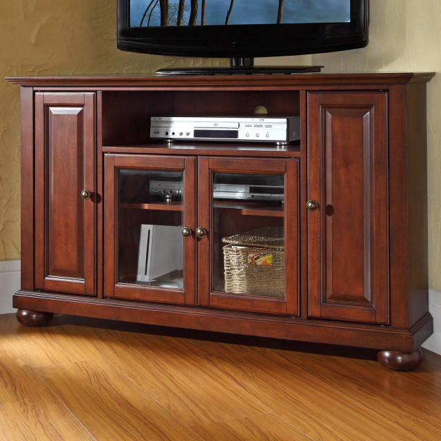 Elegant Corner TV Stand with Bun Feet, Sturdy Wood Frame & Adjustable ...