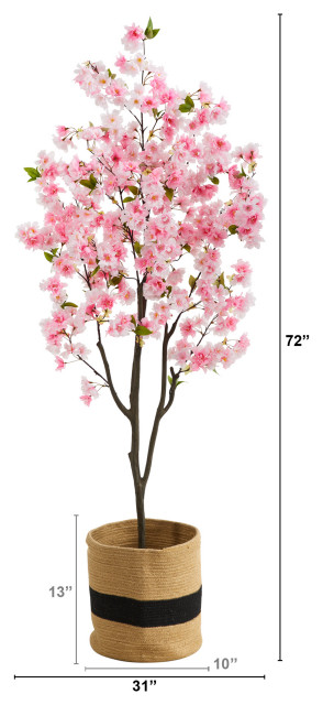 6ft. Artificial Cherry Blossom Tree with Handmade Jute & Cotton Basket ...