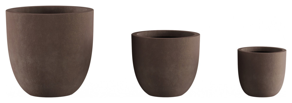 Set of 3 Fiber Clay Planters Weather Resistant Modern Round Outdoor ...