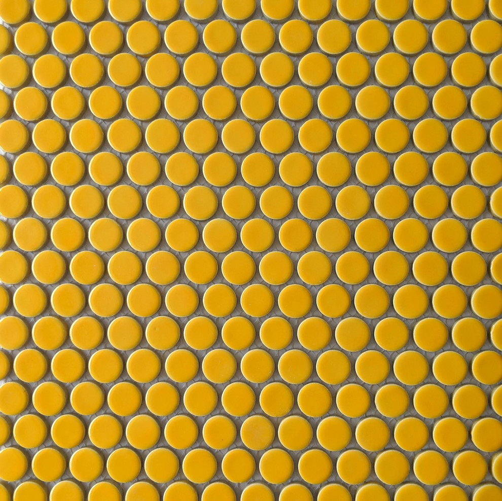 Bright Yellow Penny Round Mosaic Tile, Sample Swatch - Contemporary ...