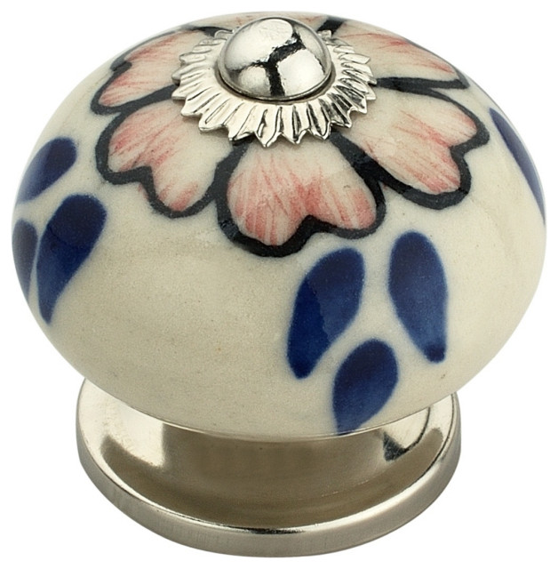 Ceramic Round 1-3/5 in. Decorative Knob Blue & Cream Drawer Cabinet ...