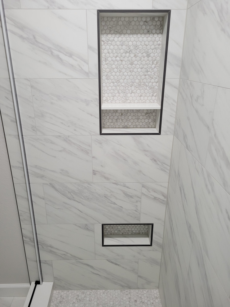 Marble-Look Porcelain Shower with custom tiled, Shower Niche for both ...