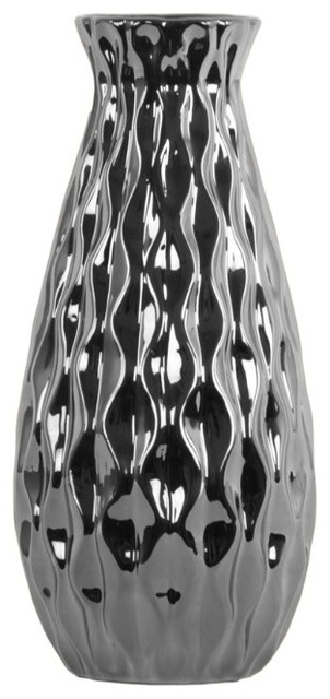 Ceramic Round Bellied Vase with Embossed Wave Design Body, Silver ...