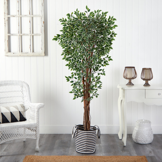 70" Variegated Ficus Faux Tree, Handmade Natural Jute & Cotton Planter ...