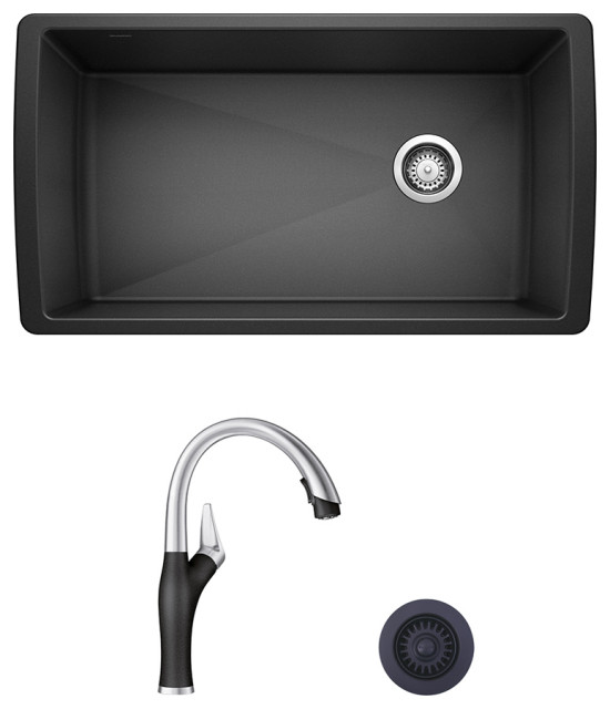 Blanco Diamond Super Single Sink Kit with Pull-Down Faucet and Strainer ...