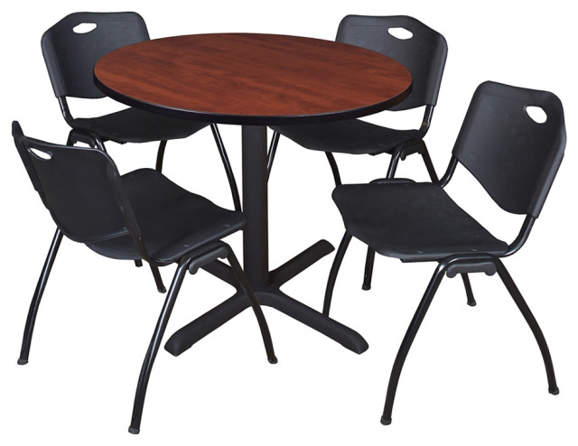 Cain 36 Round Breakroom Table- Cherry & 4 'M' Stack Chairs- Black ...