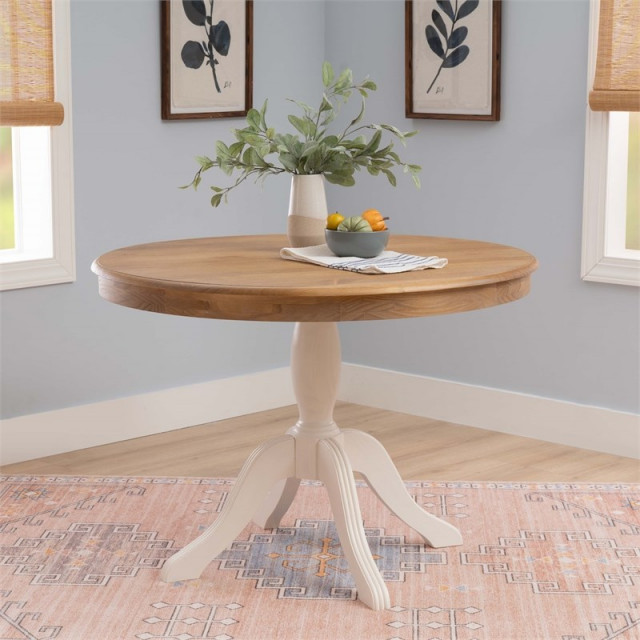 Linon Troyin 2 Tone Pedestal Dining Table in Natural and White Solid ...