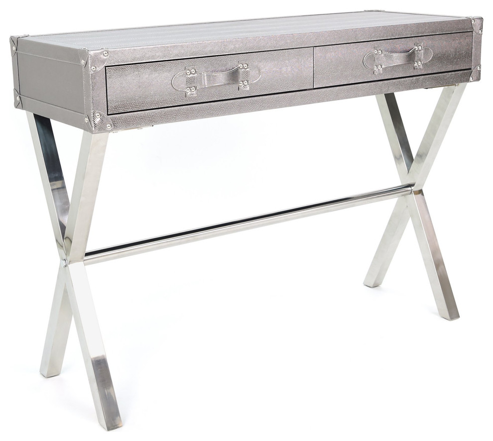 Eclectic Console Table, X-Shaped Base With Faux Lizard Skin Leather Top ...