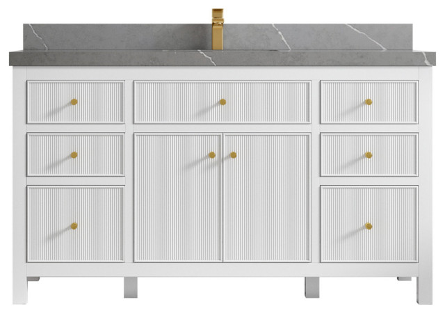 Sonoma 60 Single Sink Reeded Bathroom Vanity in White 2" Piatra Gray ...