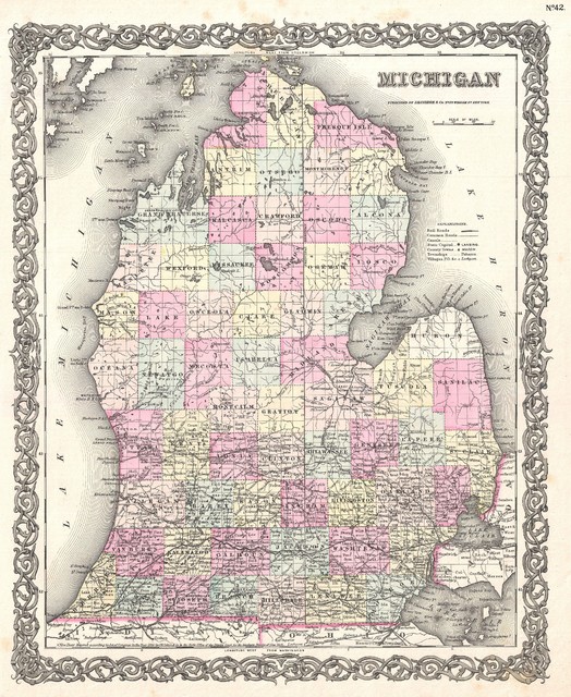 Map of Michigan, 1855, Peel & Stick Removable Wall Decal, 43"x53.75 ...