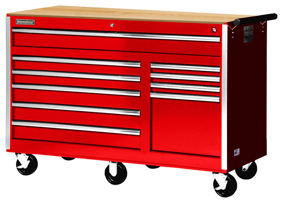 56" 10-Drawer deep Tool Cabinet With Hardwood Top, Red - Contemporary ...