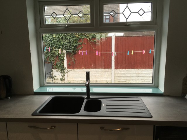Farrow & Ball Dix Blue Glass Splashback & Window Sill - Transitional ...