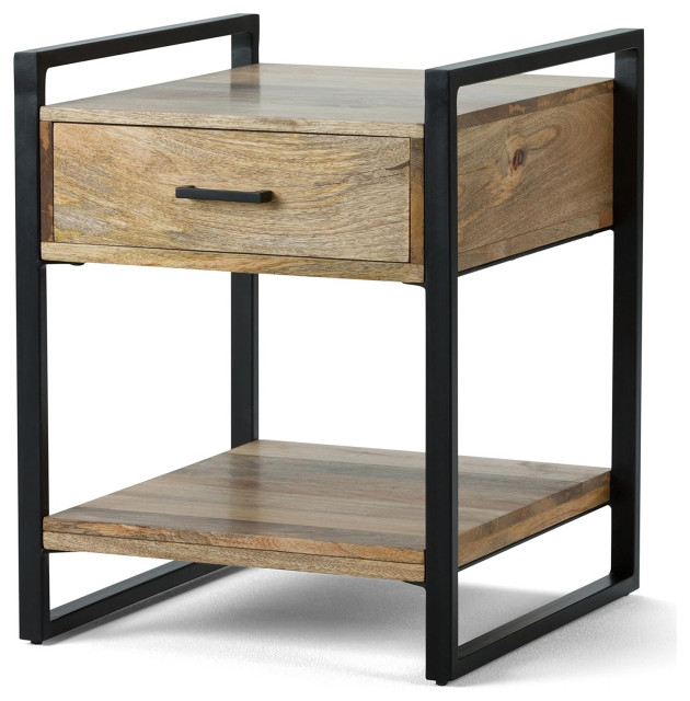 Industrial Solid Mango Wood End Table with Storage, Natural Finish, 20" Wide - Farmhouse - Side ...