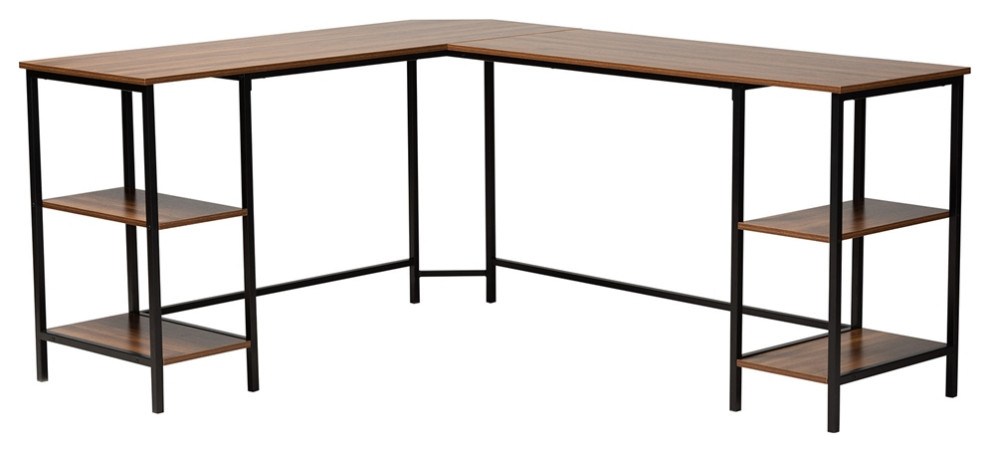 Modern Walnut Brown Finished Black Metal L-Shaped Corner Desk With ...
