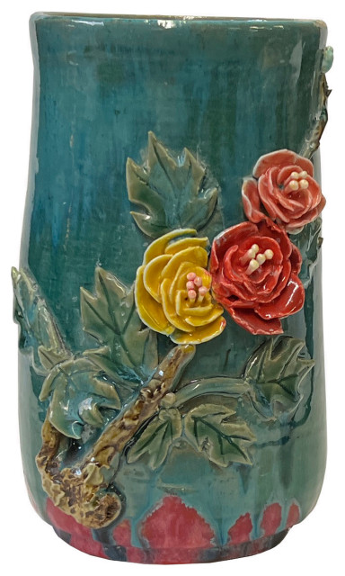 Chinese Turquoise Teal Glaze Dimensional Flower Holder Pot Vase Hws3051 - Asian - Vases - by ...