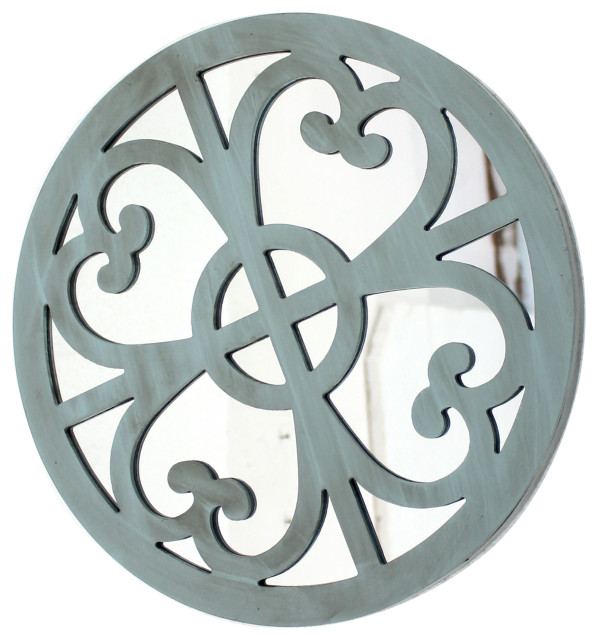 Wooden Round Wall Decor with Floral Pattern, Distressed Blue and Silver ...