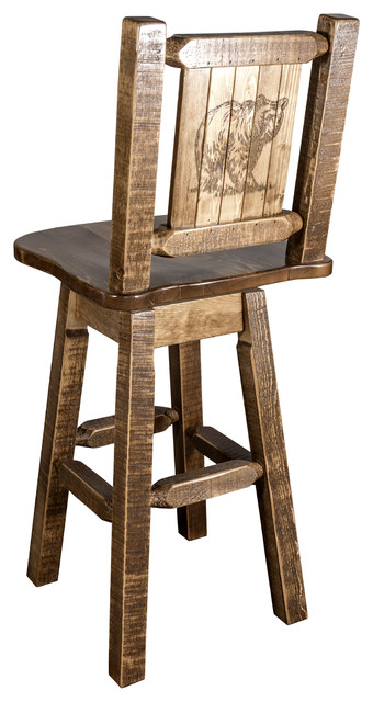 Homestead Bar Stool, Back and Swivel, Laser Engraved Bear - Rustic ...