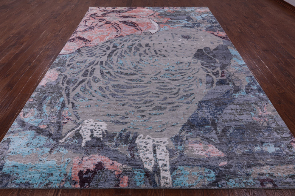 9' 0" X 12' 2" Modern Parrot Design Handmade Wool & Silk Rug - Q15553 ...