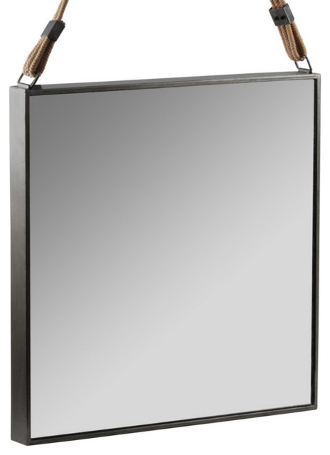 Square Wall Mirror with Rope Hanger and Tarnish Design, Black ...