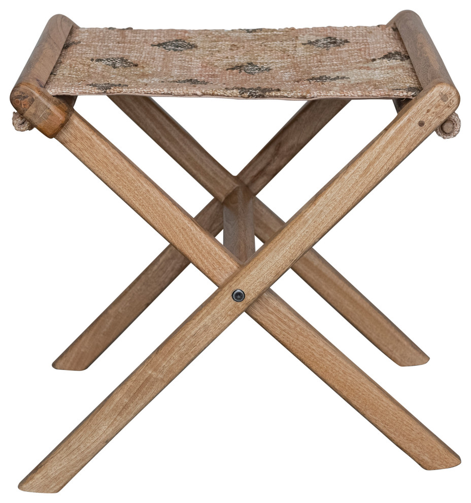 Modern Collapsible Wood and Jute Folding Stool, Natural and Brown ...