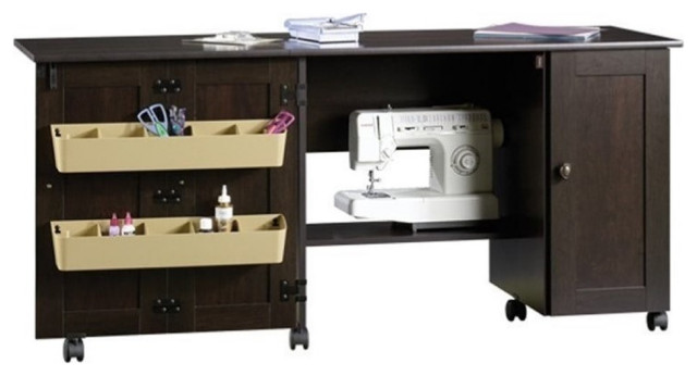 Pemberly Row Traditional Craft and Mobile Sewing Cart in Cinnamon ...