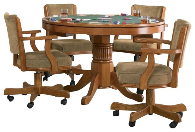 Pemberly Row Traditional Fabric 5 Piece 3-in-1 Game Table Set in Oak ...