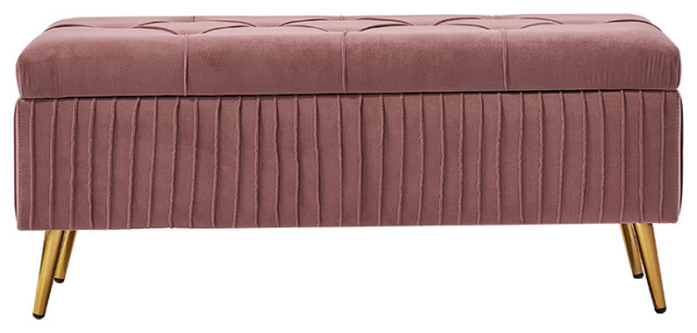 Modern Velvet Storage Bench Flip Top In Pink With Gold Legs Modern
