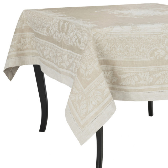 French Home Linen 71" x 104" Arboretum Tablecloth Ivory and Taupe ...