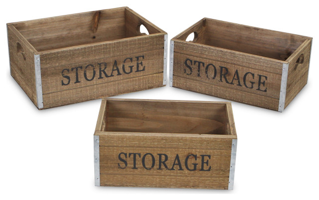 3-Piece Leo Wooden "Storage" Crate Set - Rustic - Storage Bins And ...